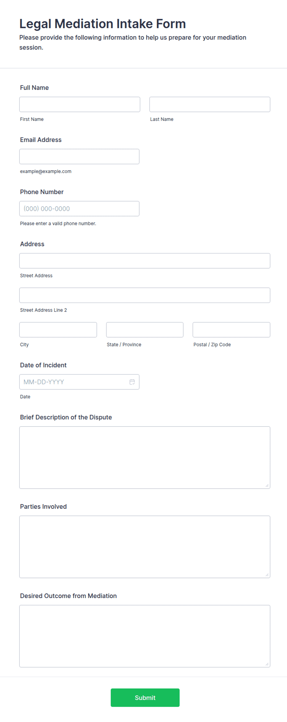 Legal Mediation Intake Form Template | Jotform