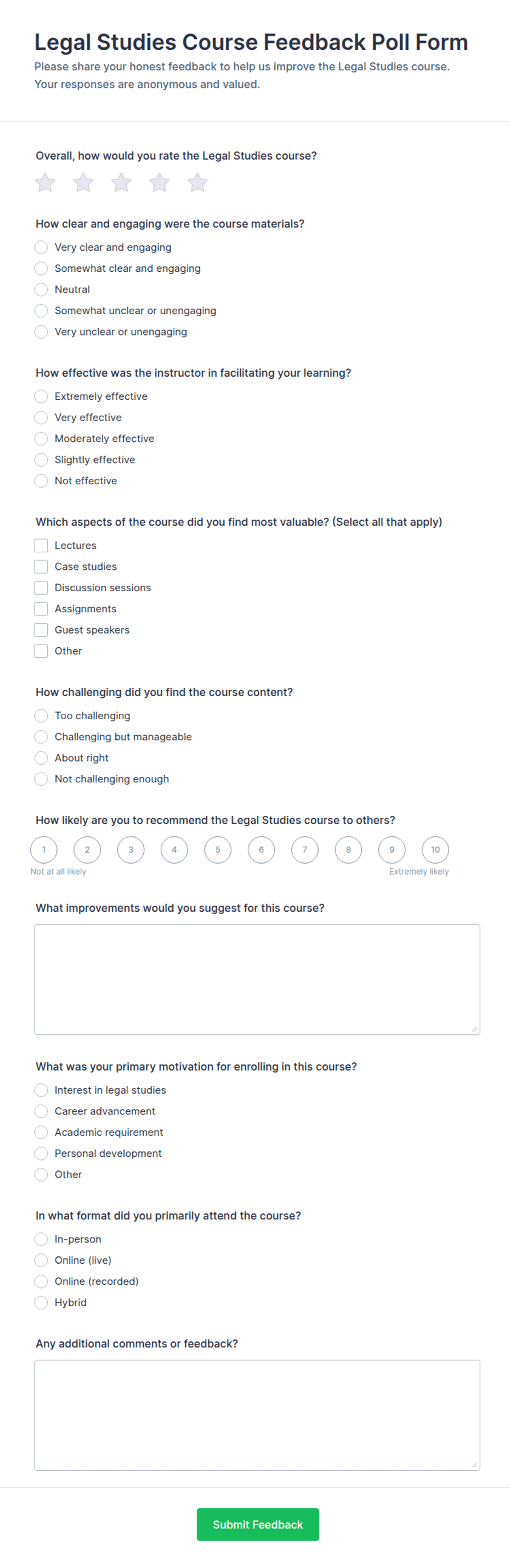 Legal Studies Course Feedback Form Template | Jotform