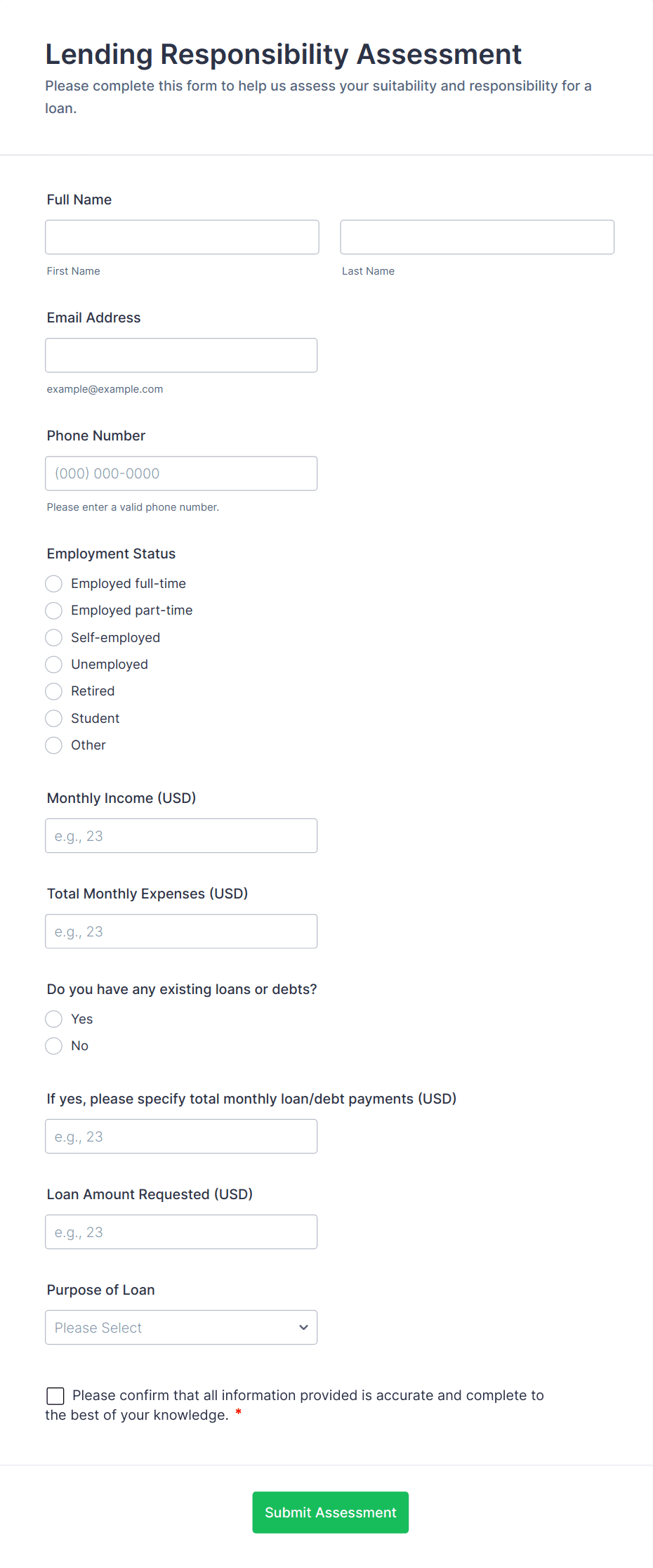 Lending Responsibility Assessment Form Template | Jotform