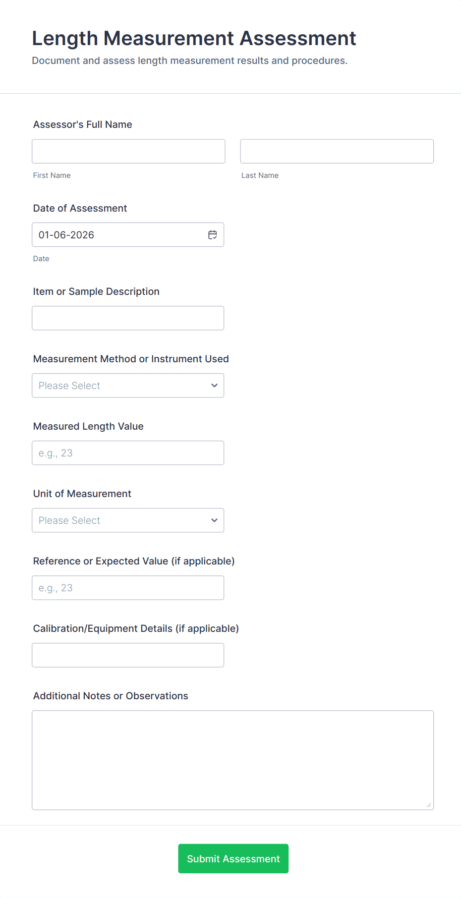 Length Measurement Assessment Form Template | Jotform