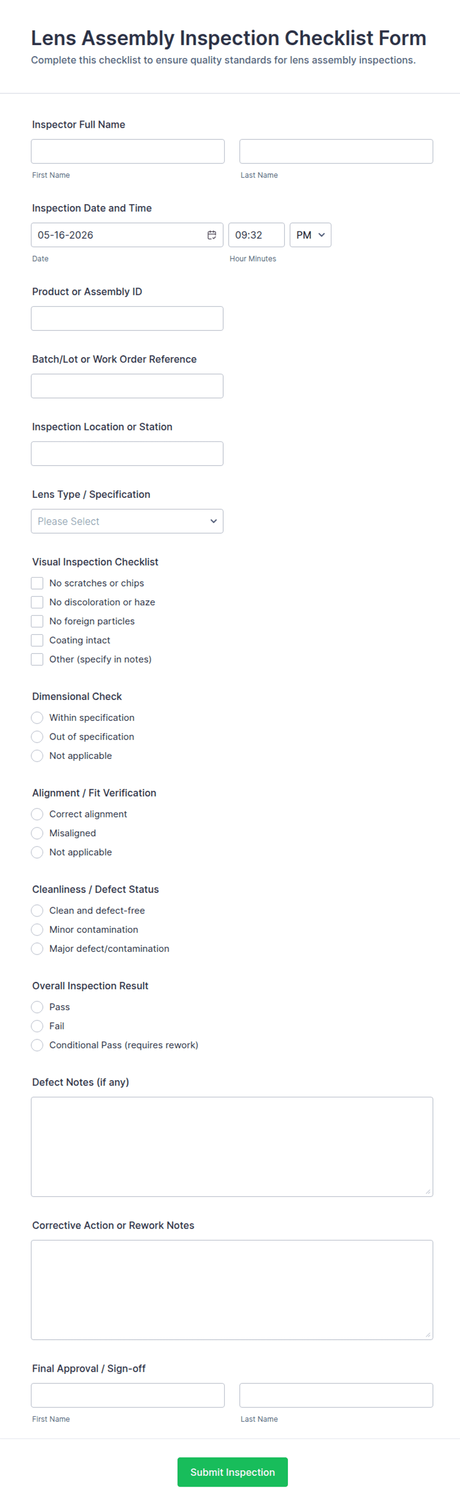 Lens Assembly Inspection Checklist Form Template | Jotform