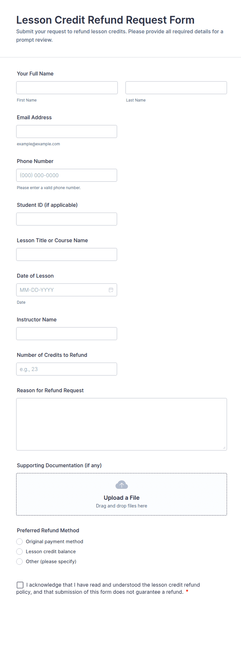 Lesson Credit Refund Request Form Template | Jotform