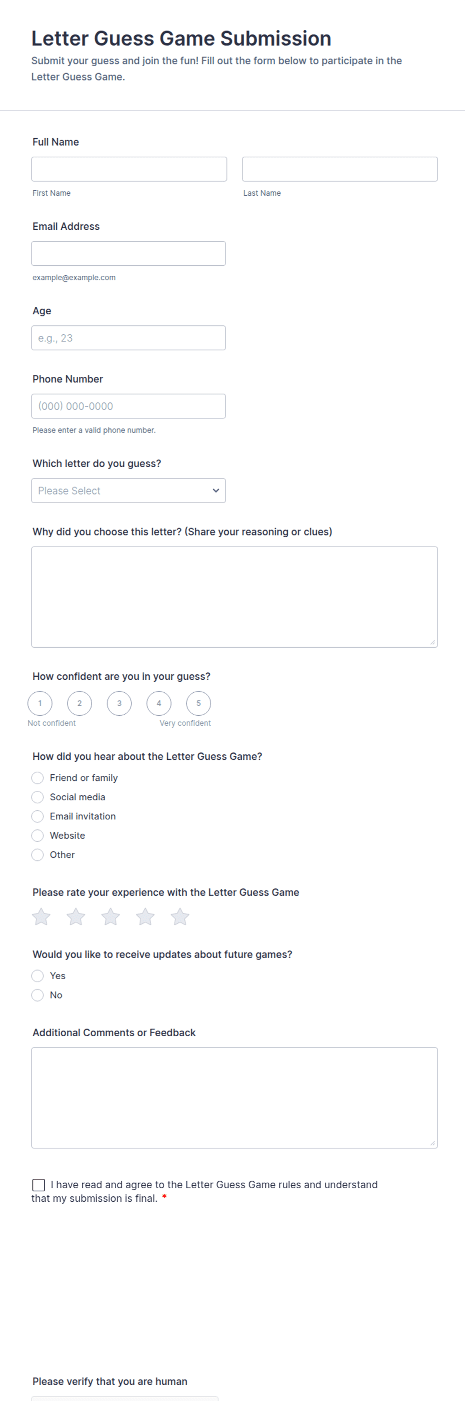 Letter Guess Game Submission Form Template | Jotform