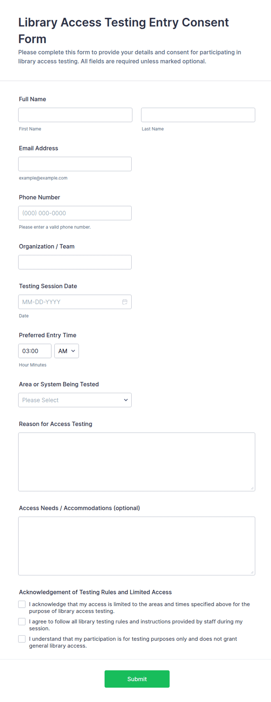 Library Access Testing Entry Consent Form Template | Jotform