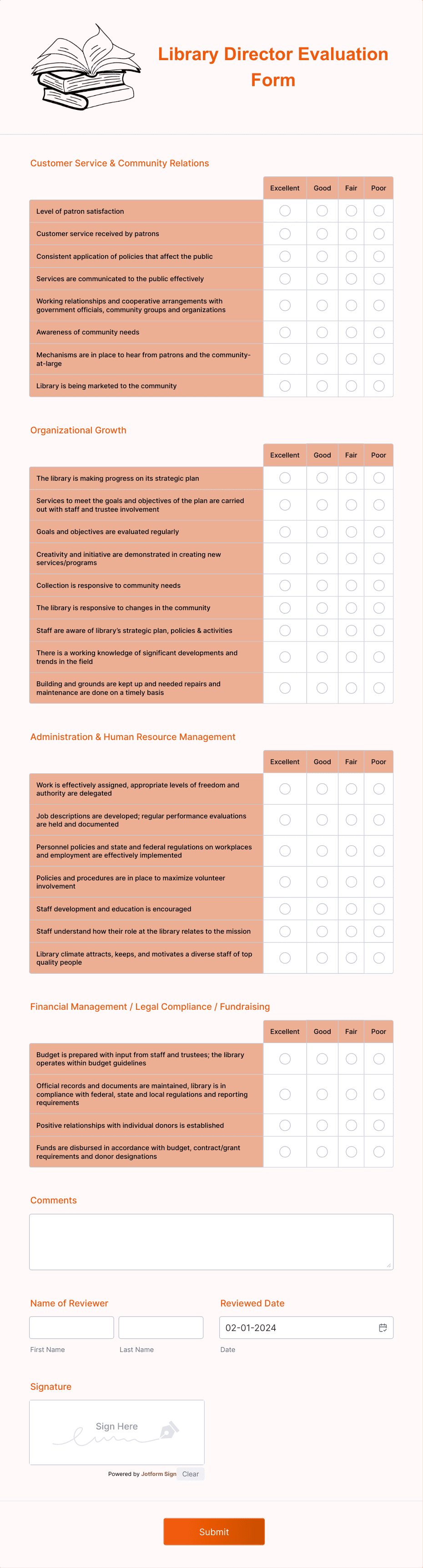 Library Director Evaluation Form Template | Jotform