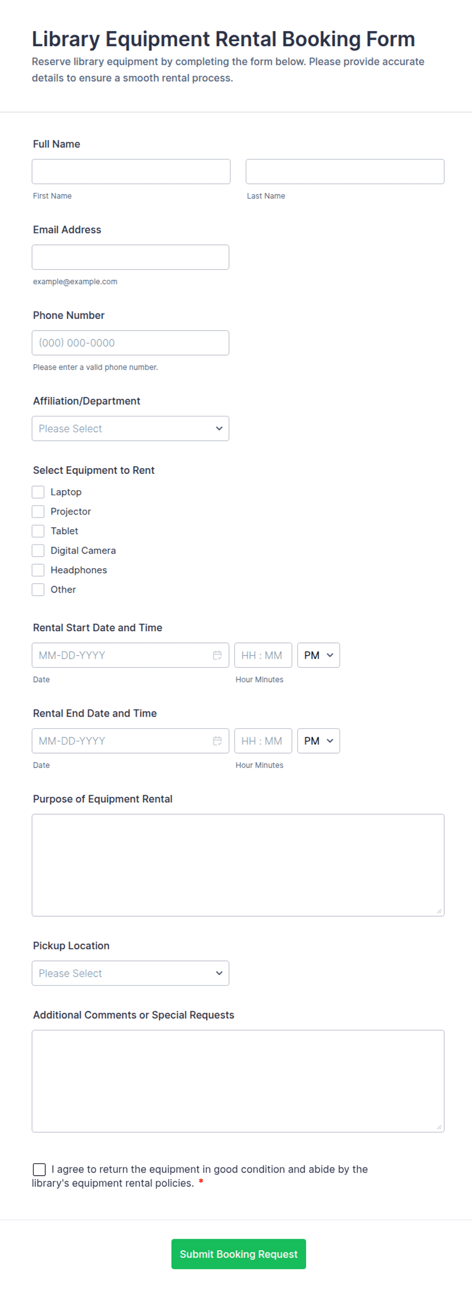 Library Equipment Rental Booking Form Template | Jotform