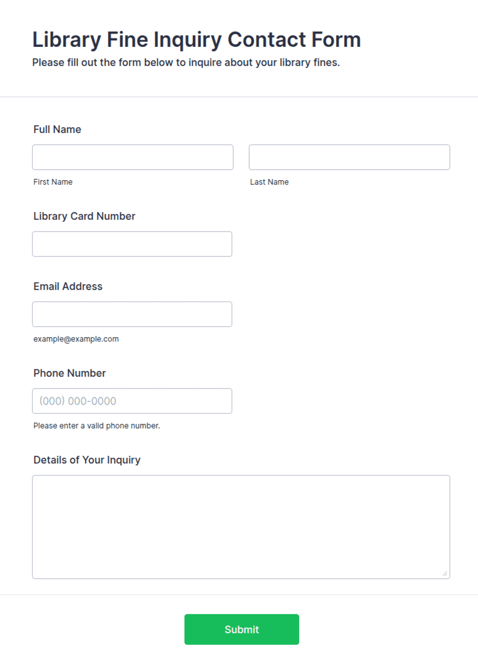 Library Fine Inquiry Contact Form Template | Jotform