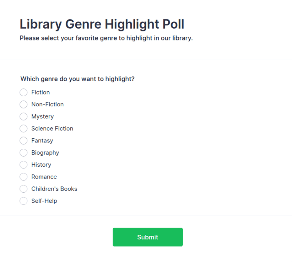 Library Genre Highlight Poll Form Template | Jotform
