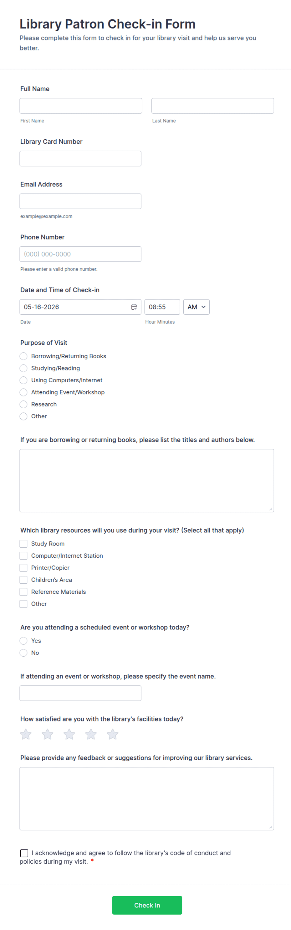 Library Patron Check-in Form Template | Jotform