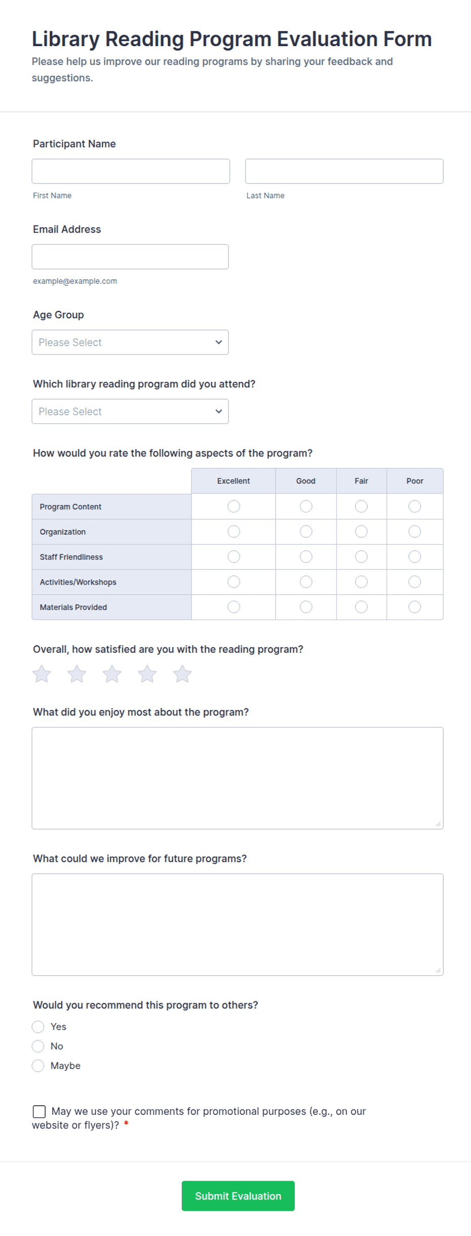 Library Reading Program Evaluation Form Template | Jotform