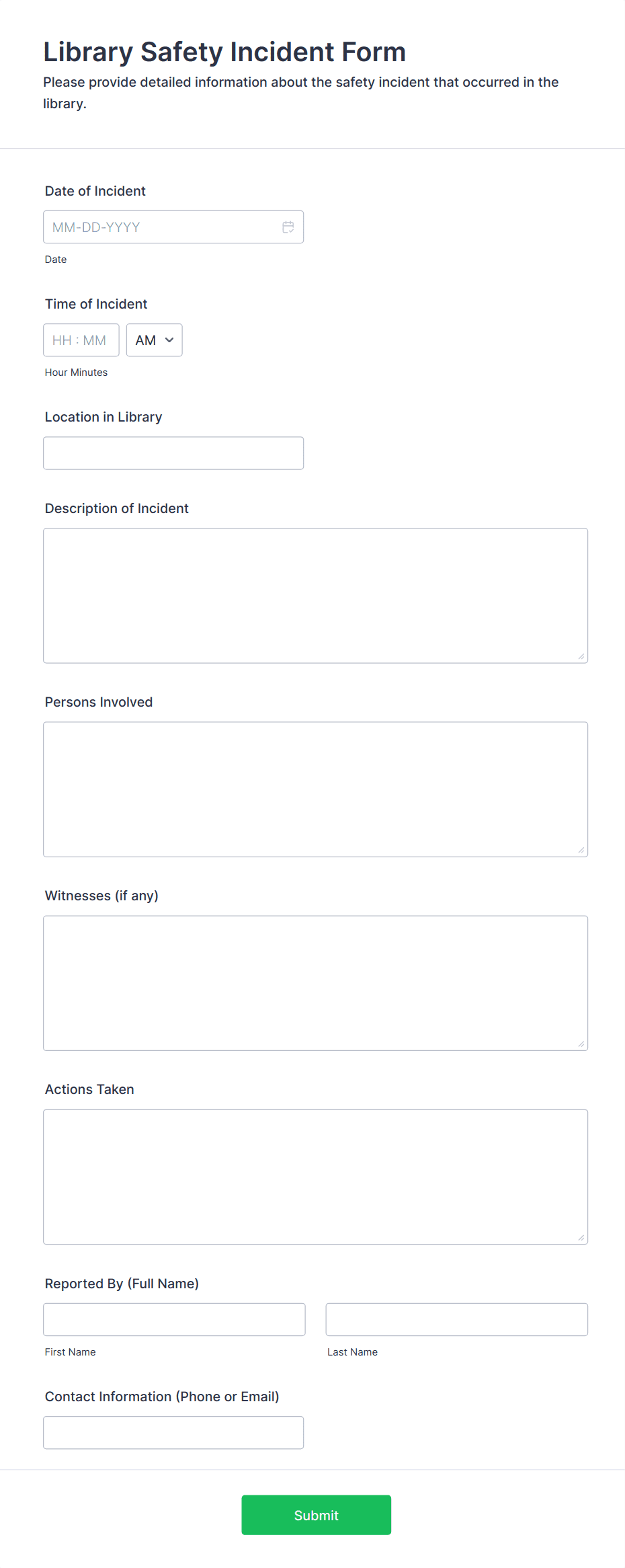 Library Safety Incident Form Template | Jotform
