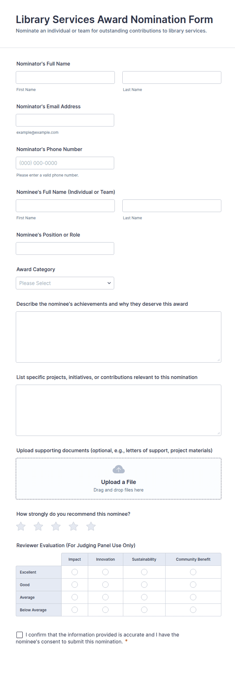 Library Services Award Nomination Form Template | Jotform