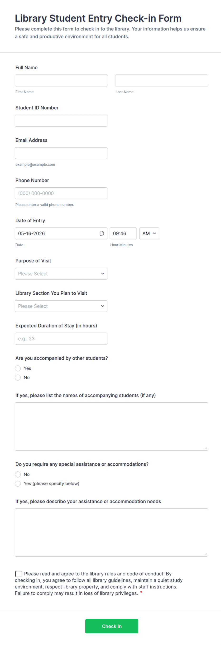 Library Student Entry Check-in Form Template | Jotform