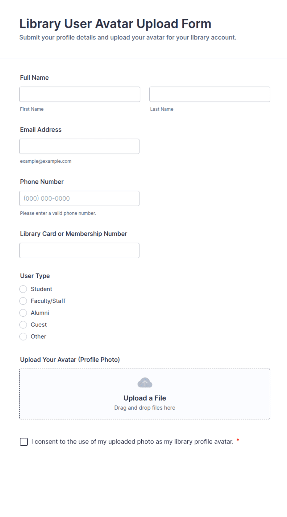 Library User Avatar Upload Form Template | Jotform