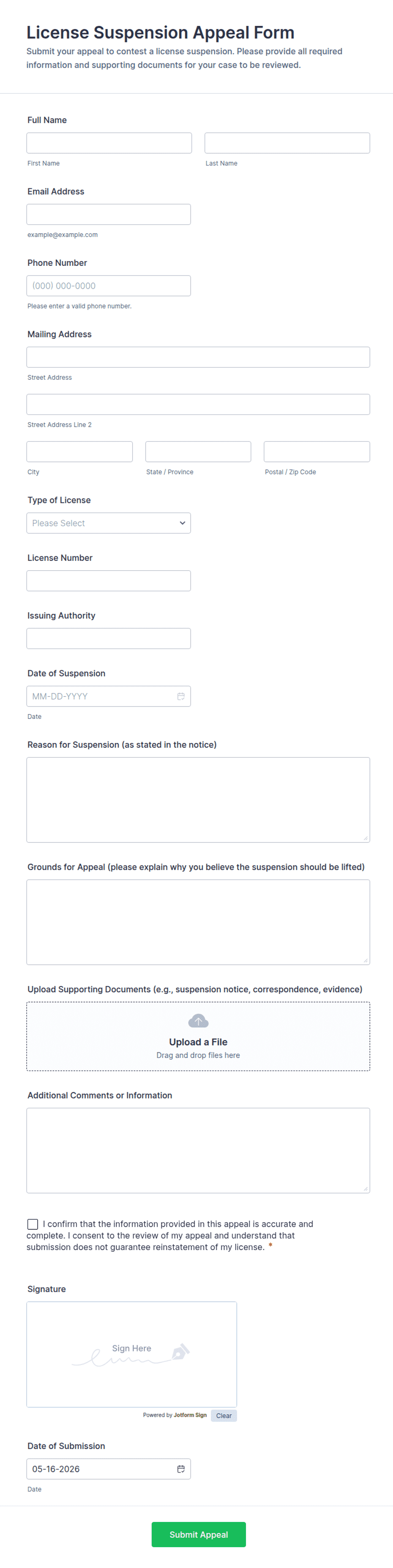 License Suspension Appeal Form Template | Jotform