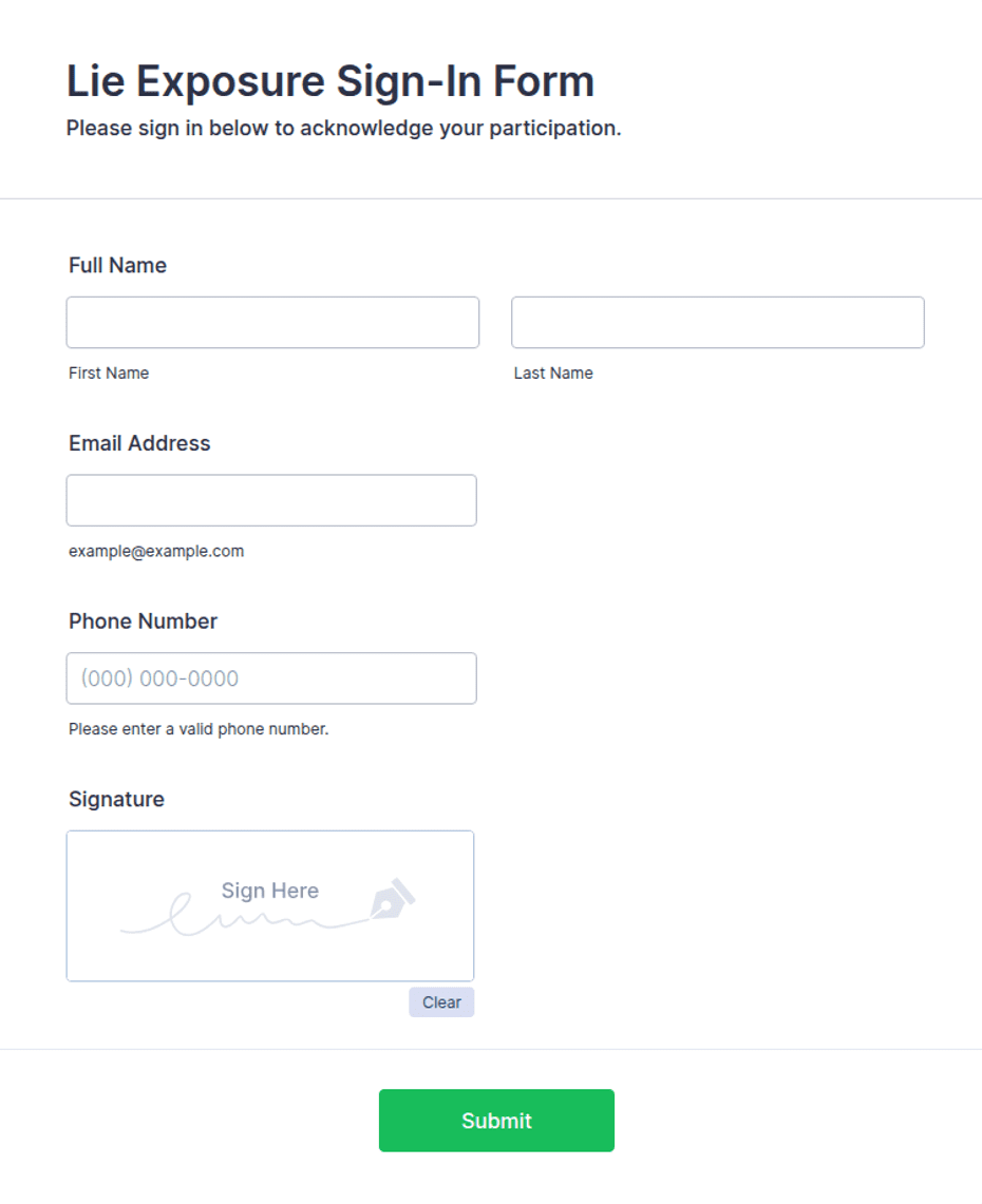 Lie Exposure Sign-In Form Template | Jotform