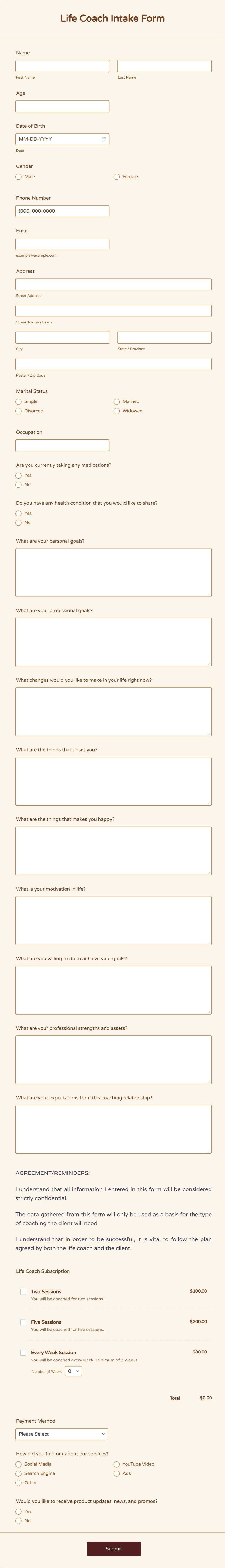 Life Coach Intake Form Template | Jotform