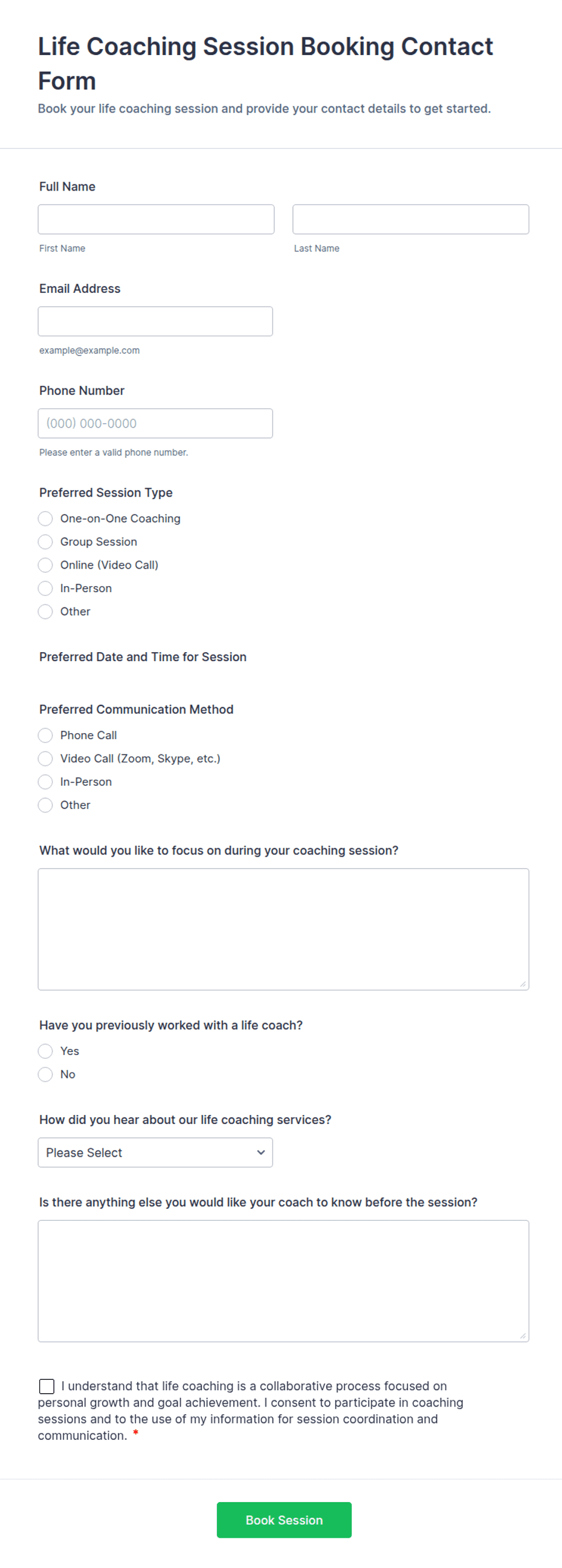 Life Coaching Session Booking Contact Form Template | Jotform