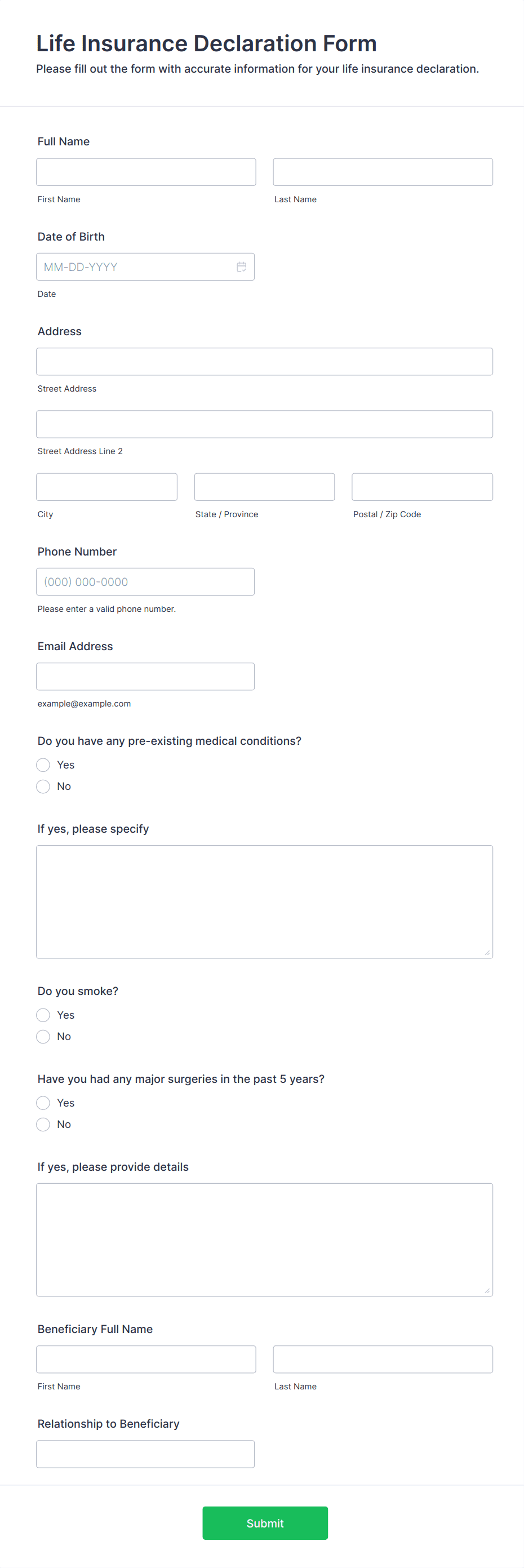 Life Insurance Declaration Form Template | Jotform