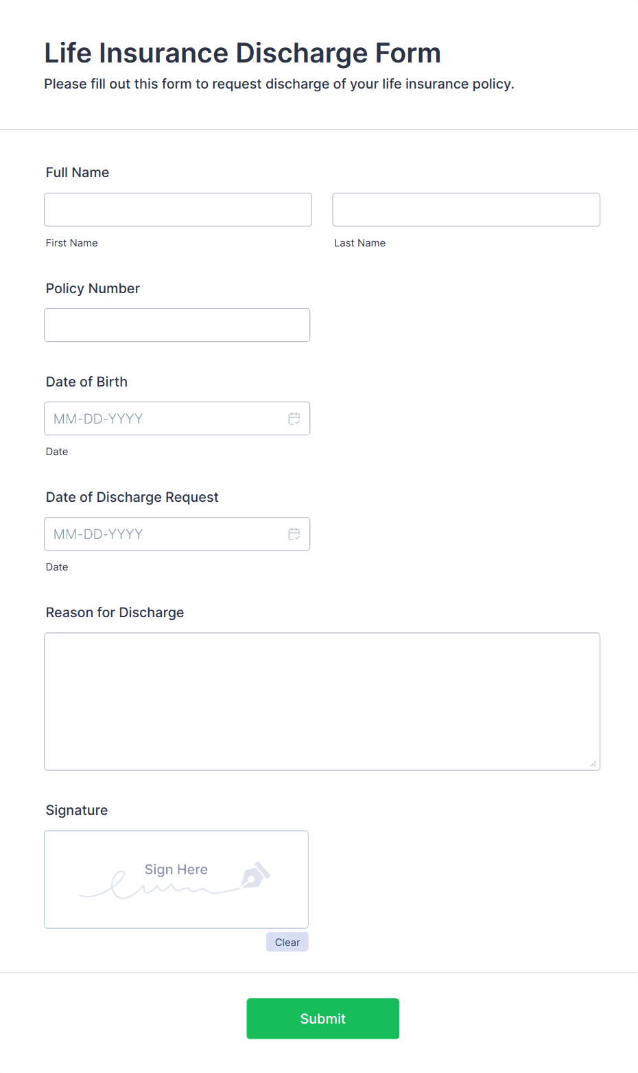 Life Insurance Discharge Form Template | Jotform