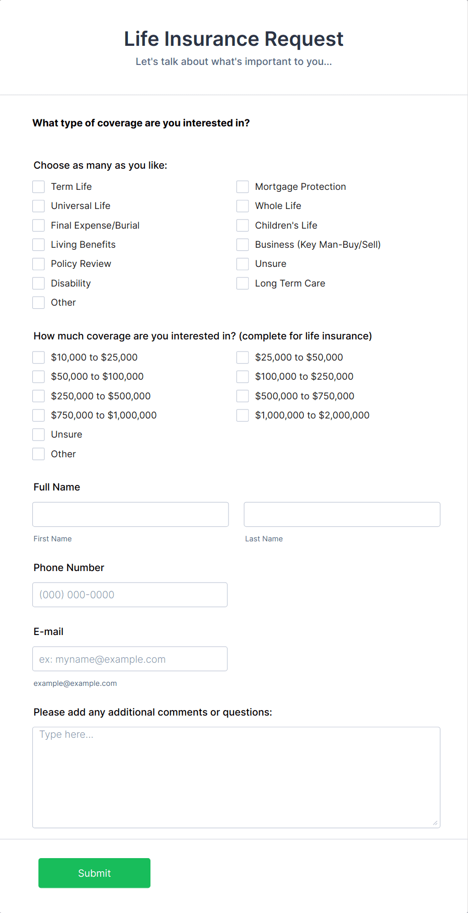 Life Insurance Quote Request Form Template | Jotform
