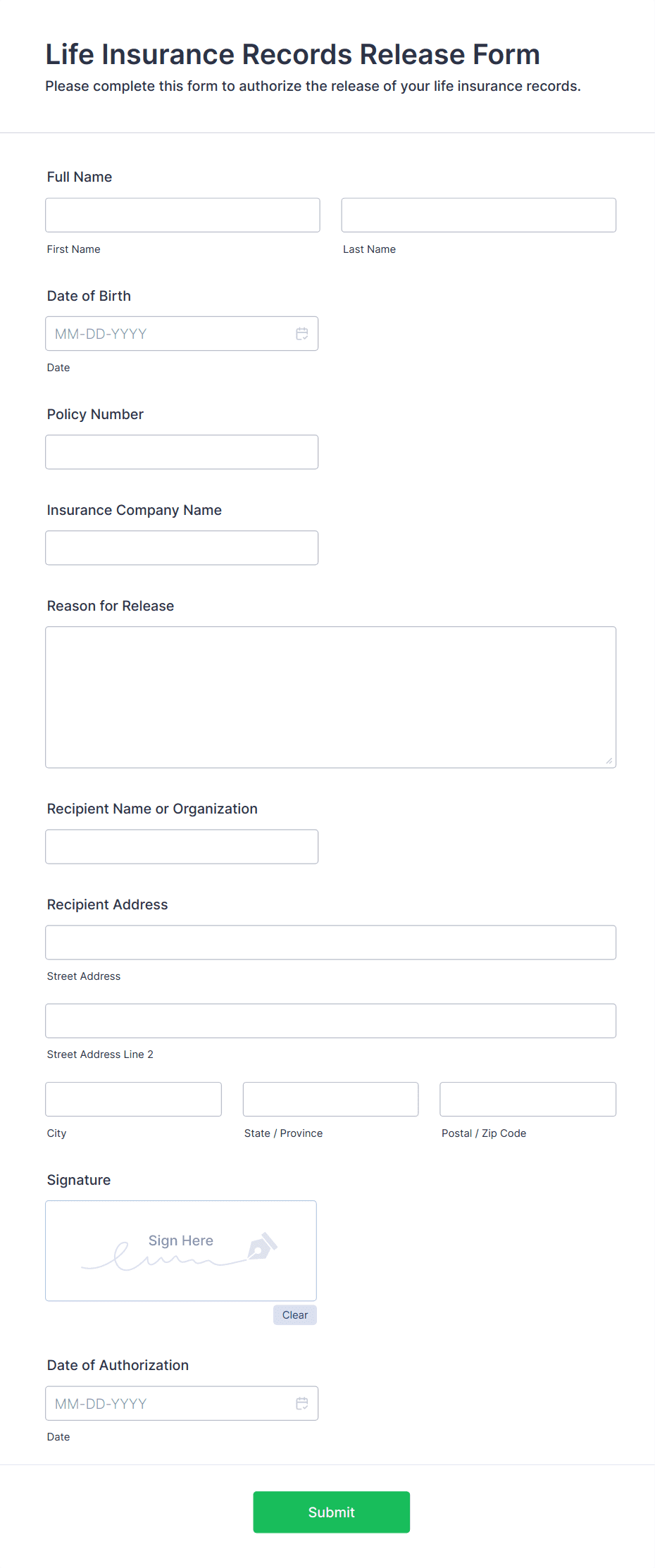 Life Insurance Records Release Form Template | Jotform