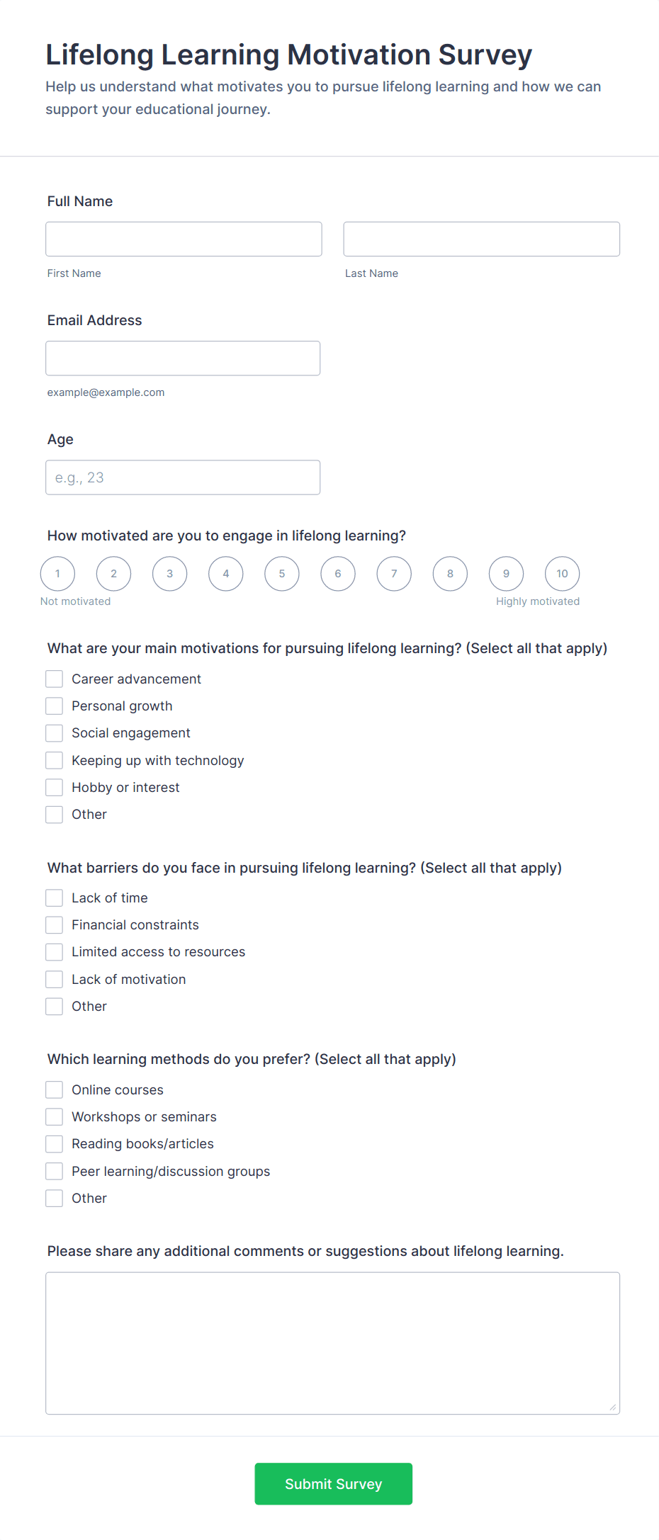 Lifelong Learning Motivation Survey Form Template | Jotform