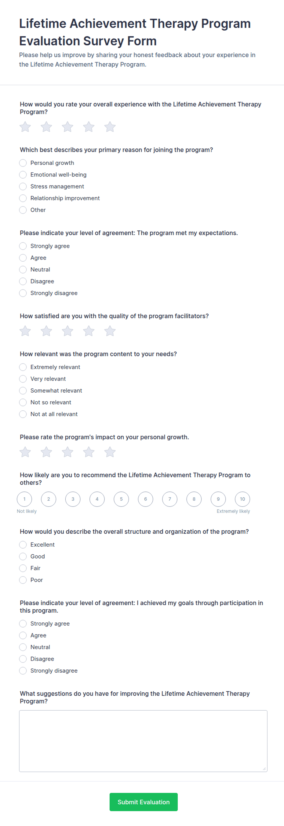 Lifetime Achievement Therapy Program Evaluation Survey Form Template ...