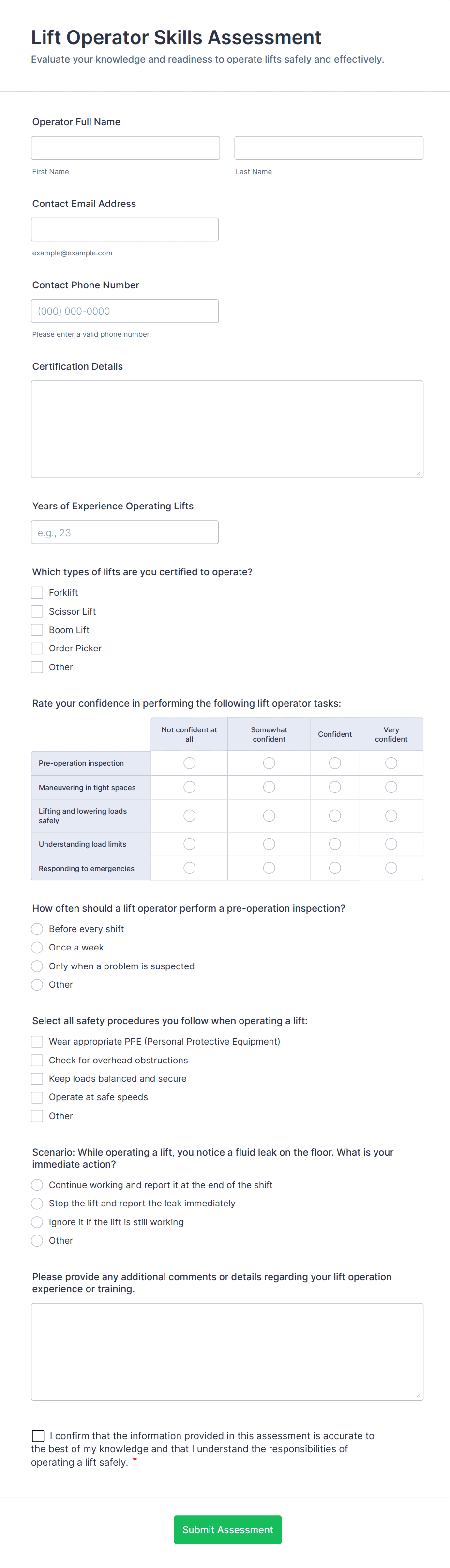 Lift Operator Skills Assessment Form Template | Jotform
