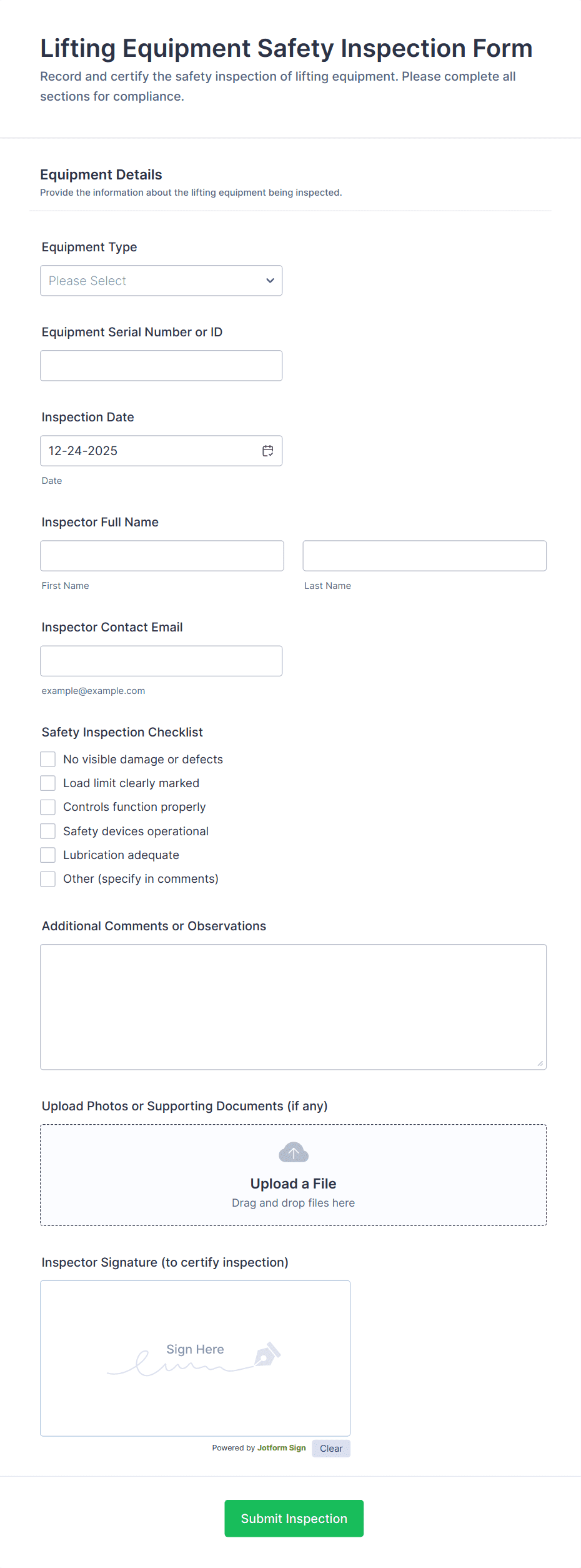 Lifting Equipment Safety Inspection Form Template | Jotform