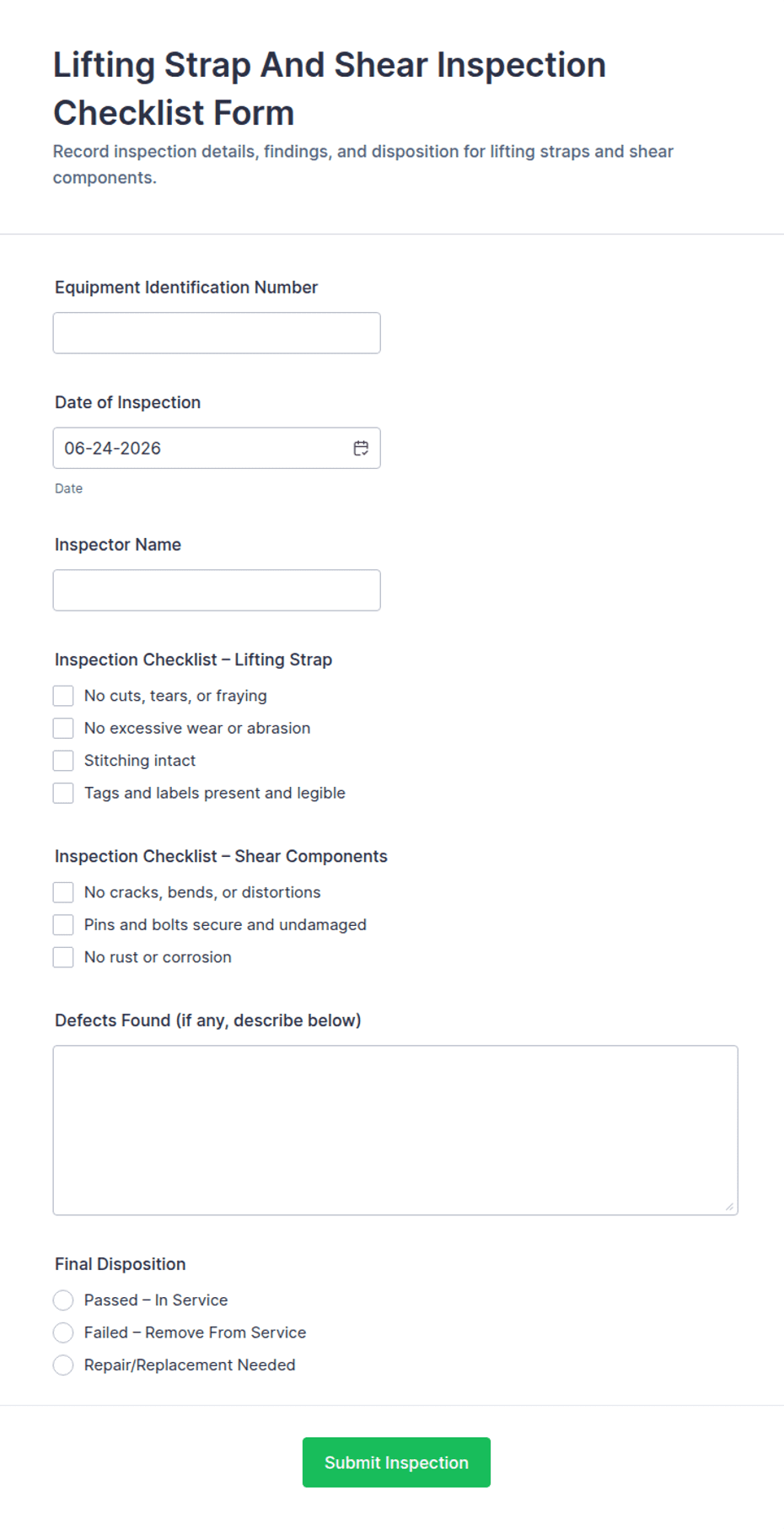 Lifting Strap And Shear Inspection Checklist Form Template | Jotform