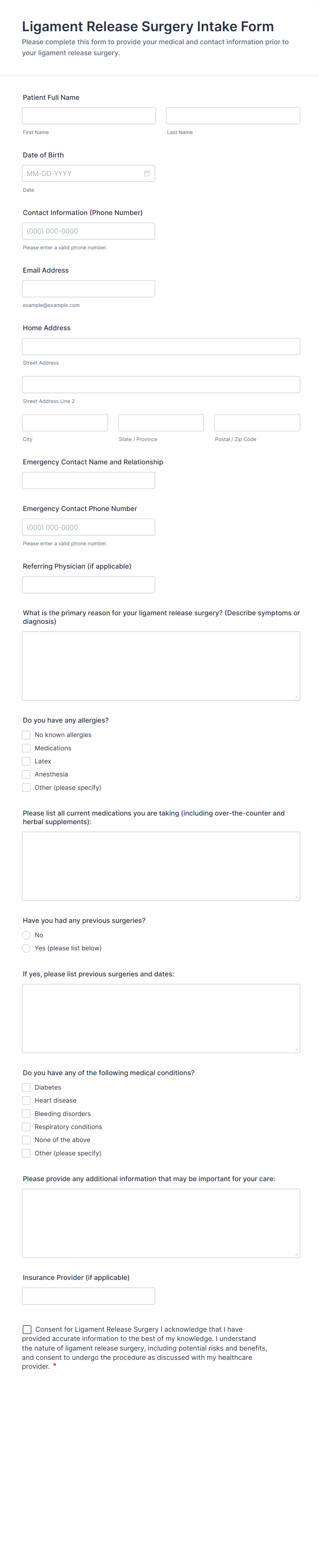 Ligament Release Surgery Intake Form Template | Jotform