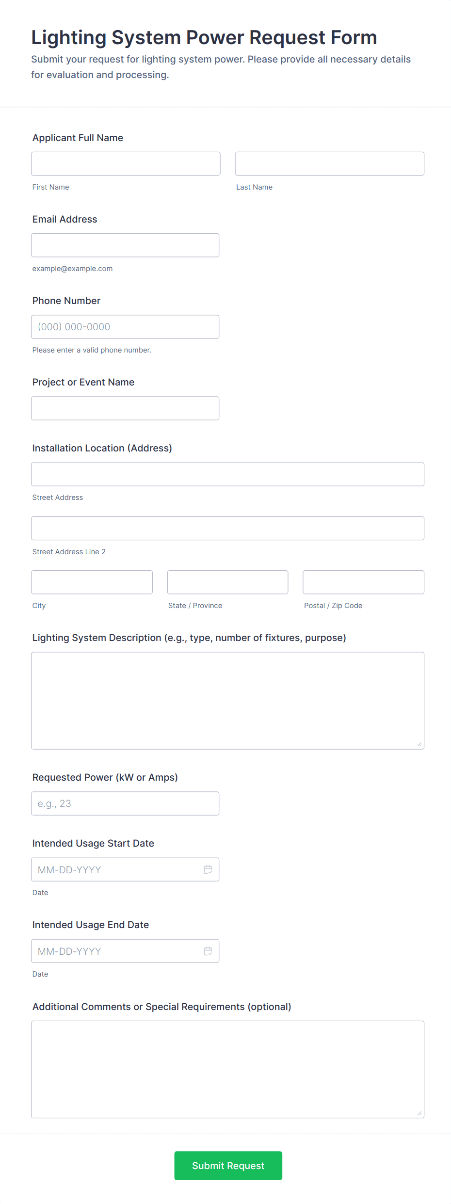 Lighting System Power Request Form Template | Jotform