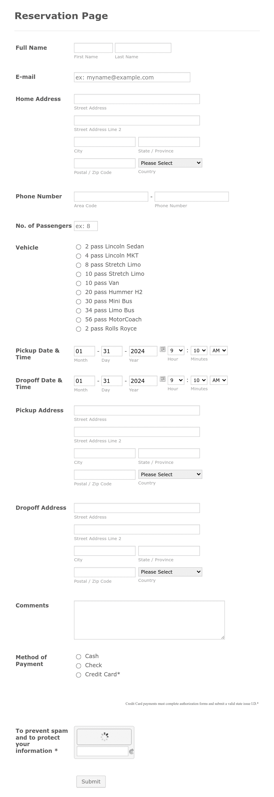 Limo Reservation Form Template | Jotform