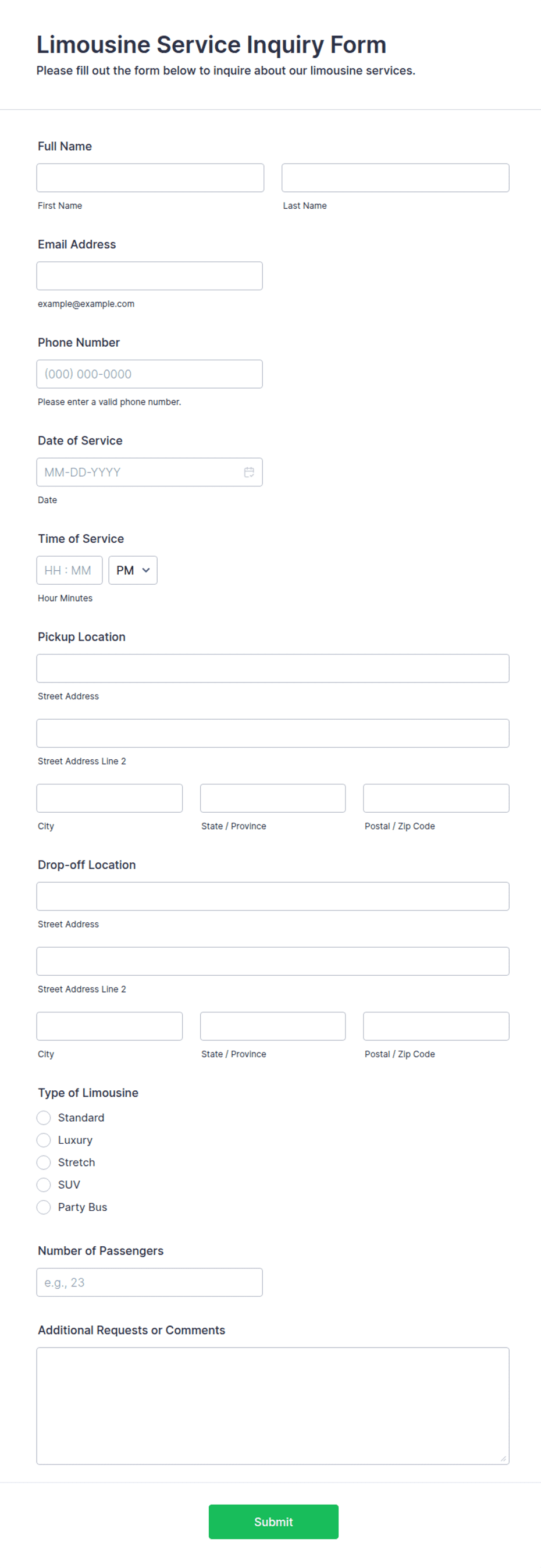 Limousine Service Inquiry Form Template | Jotform