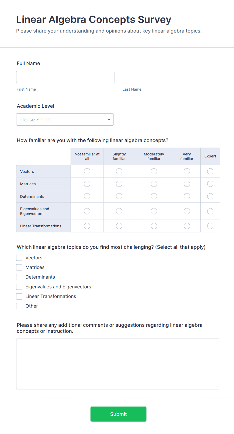 Linear Algebra Concepts Survey Form Template | Jotform