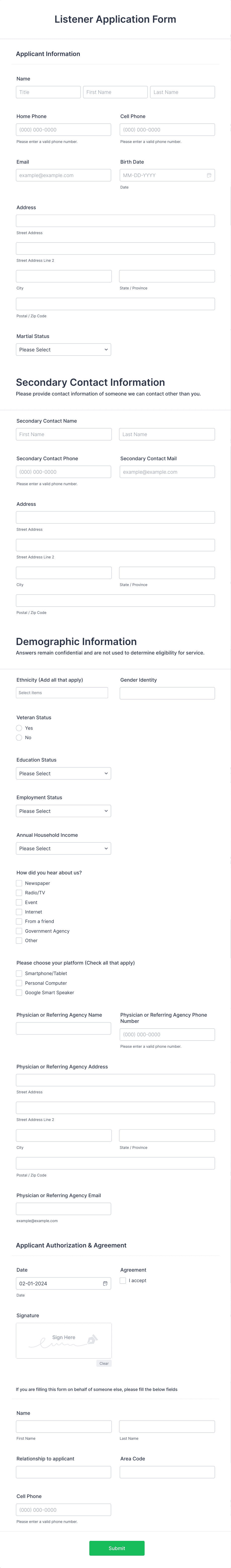 Listener Application Form Template | Jotform