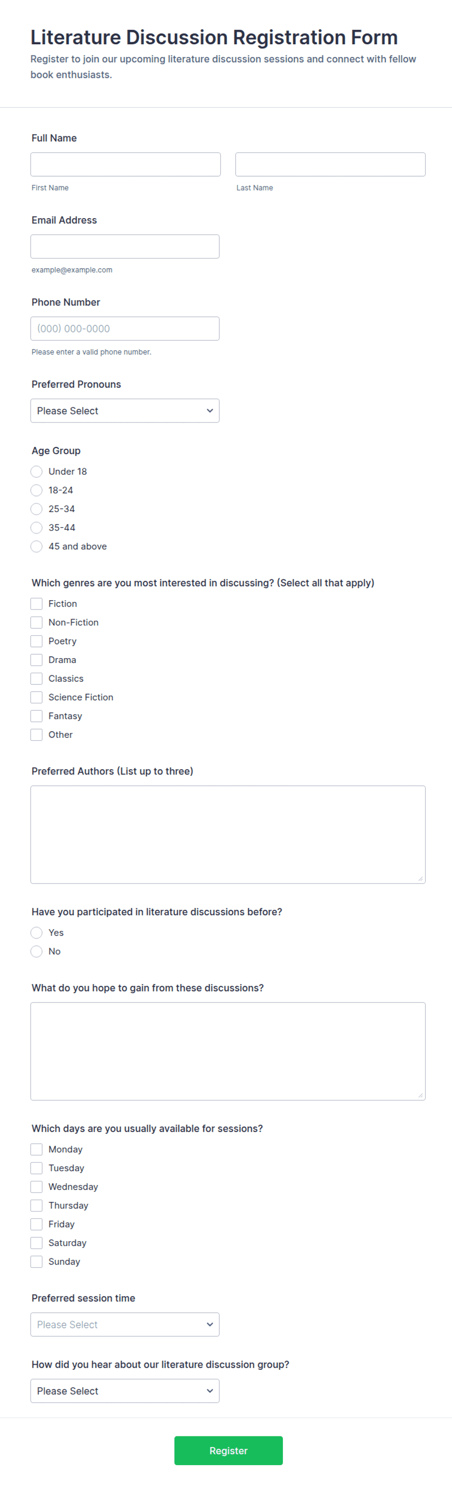 Literature Discussion Registration Form Template | Jotform