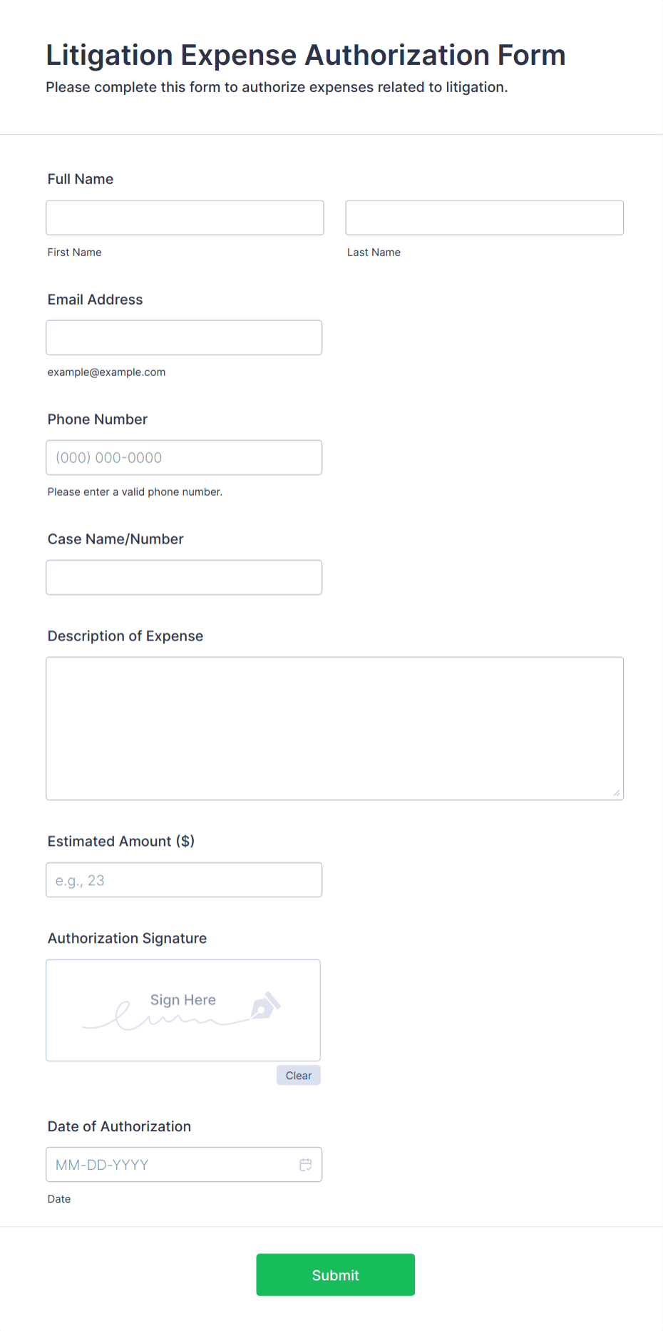 Litigation Expense Authorization Form Template | Jotform