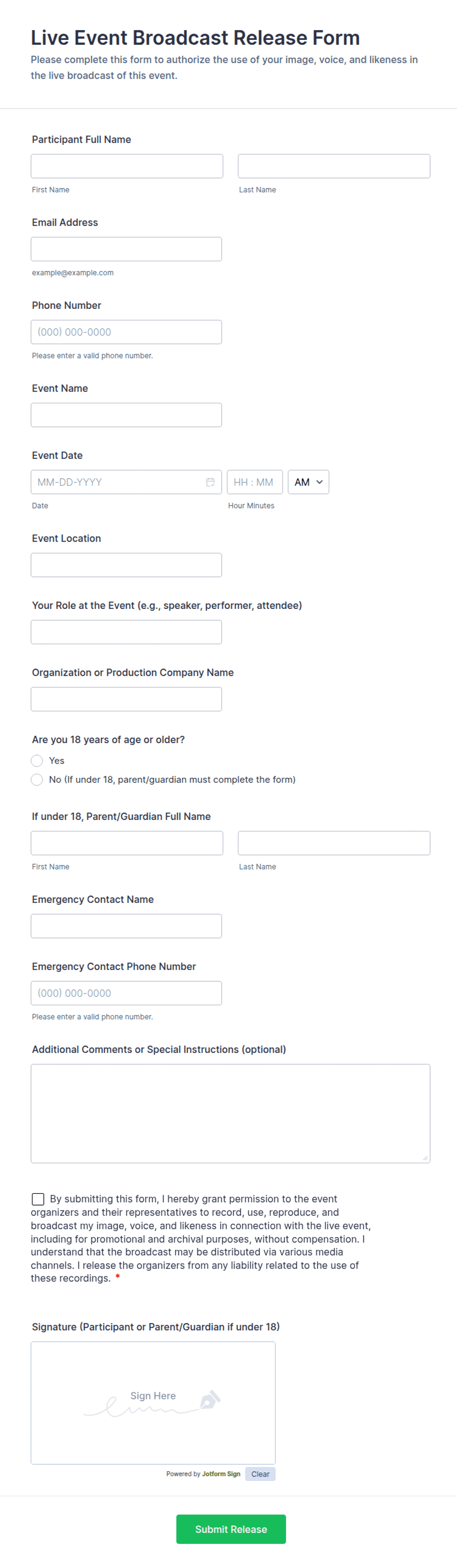 Live Event Broadcast Release Form Template | Jotform