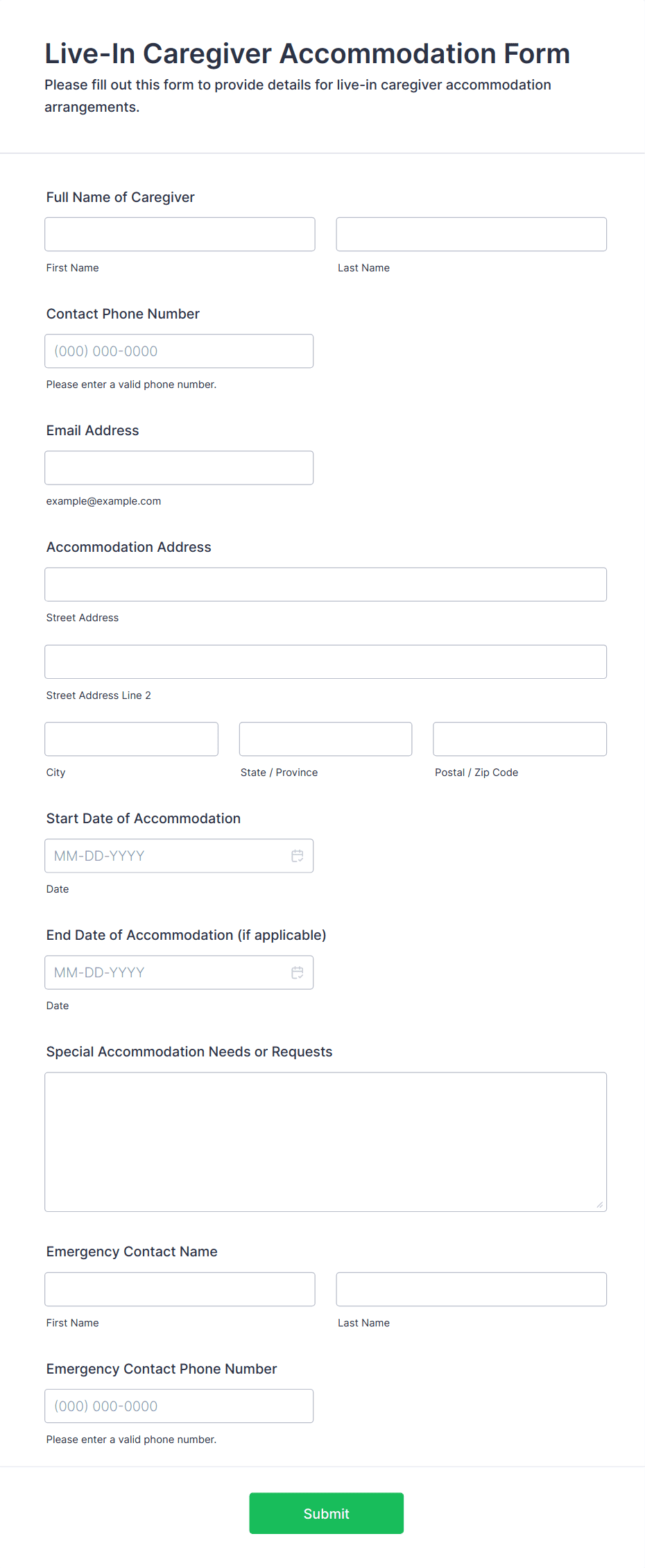 Live-In Caregiver Accommodation Form Template | Jotform