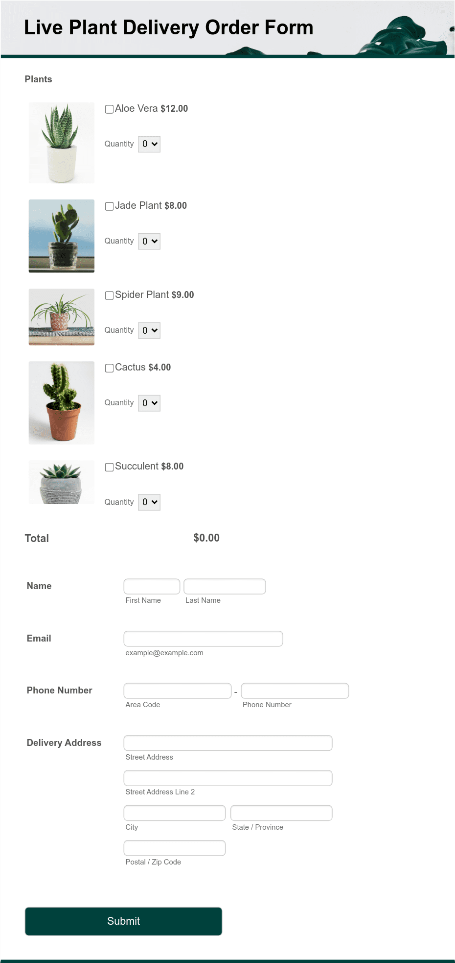 Live Plant Delivery Order Form Template | Jotform