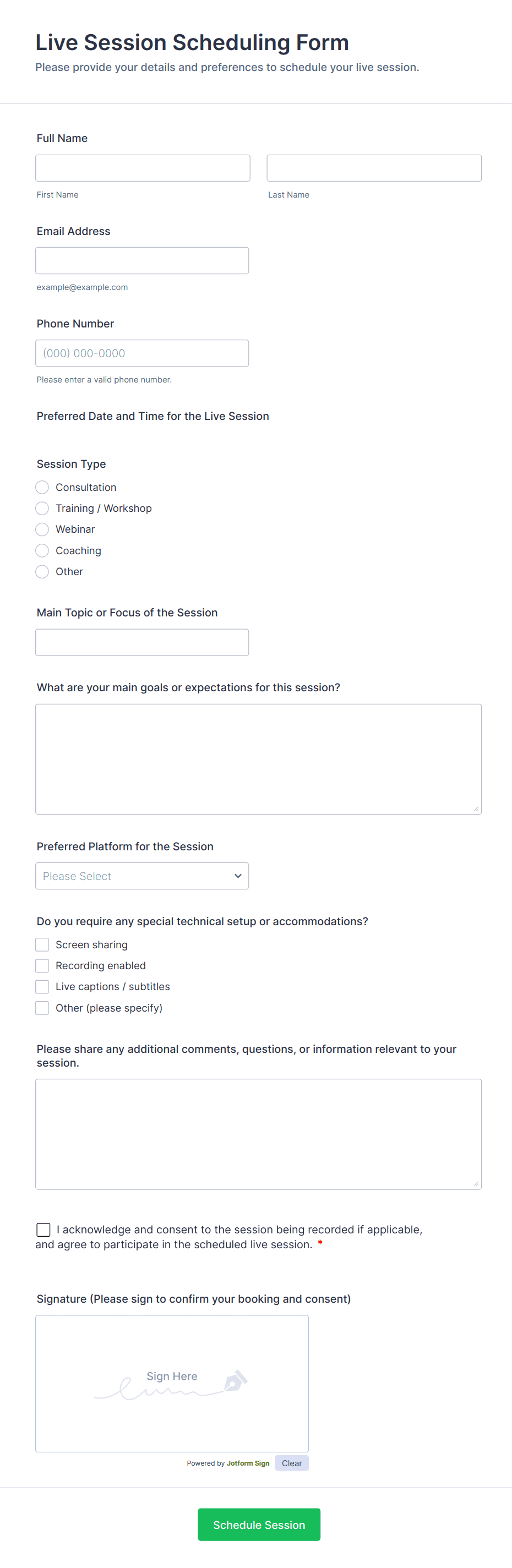 Live Session Scheduling Form Template | Jotform