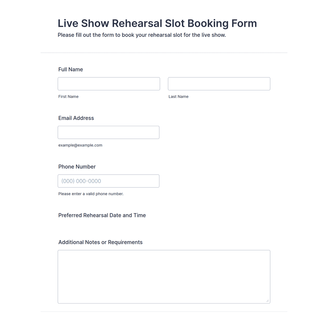 Live Show Rehearsal Slot Booking Form Template | Jotform