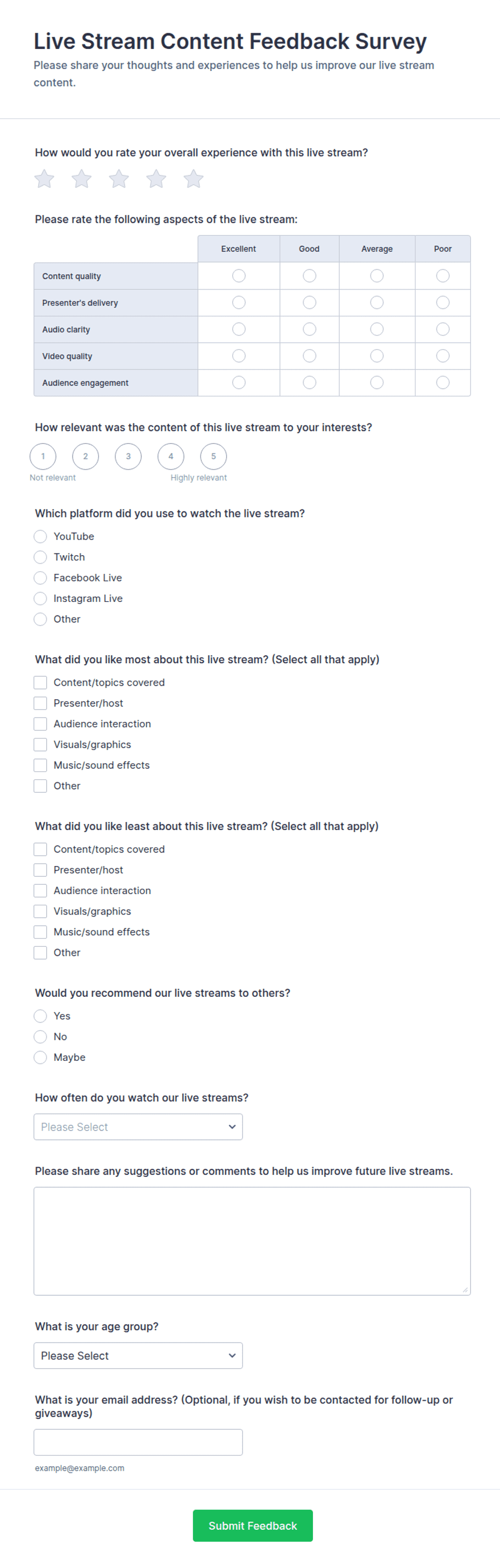 Live Stream Content Feedback Survey Form Template | Jotform