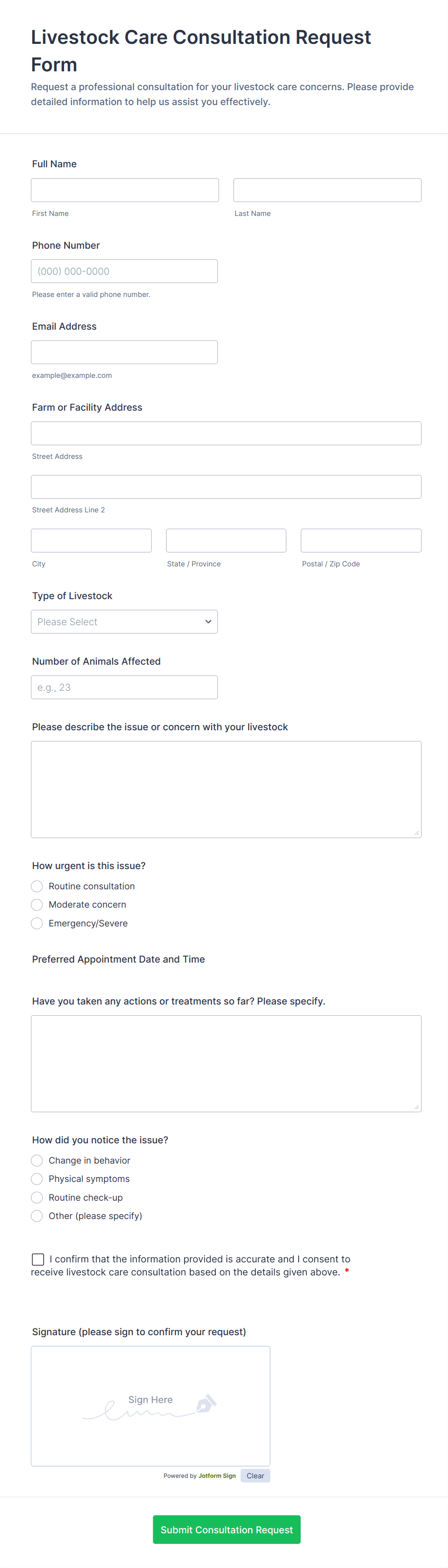 Livestock Care Consultation Request Form Template | Jotform