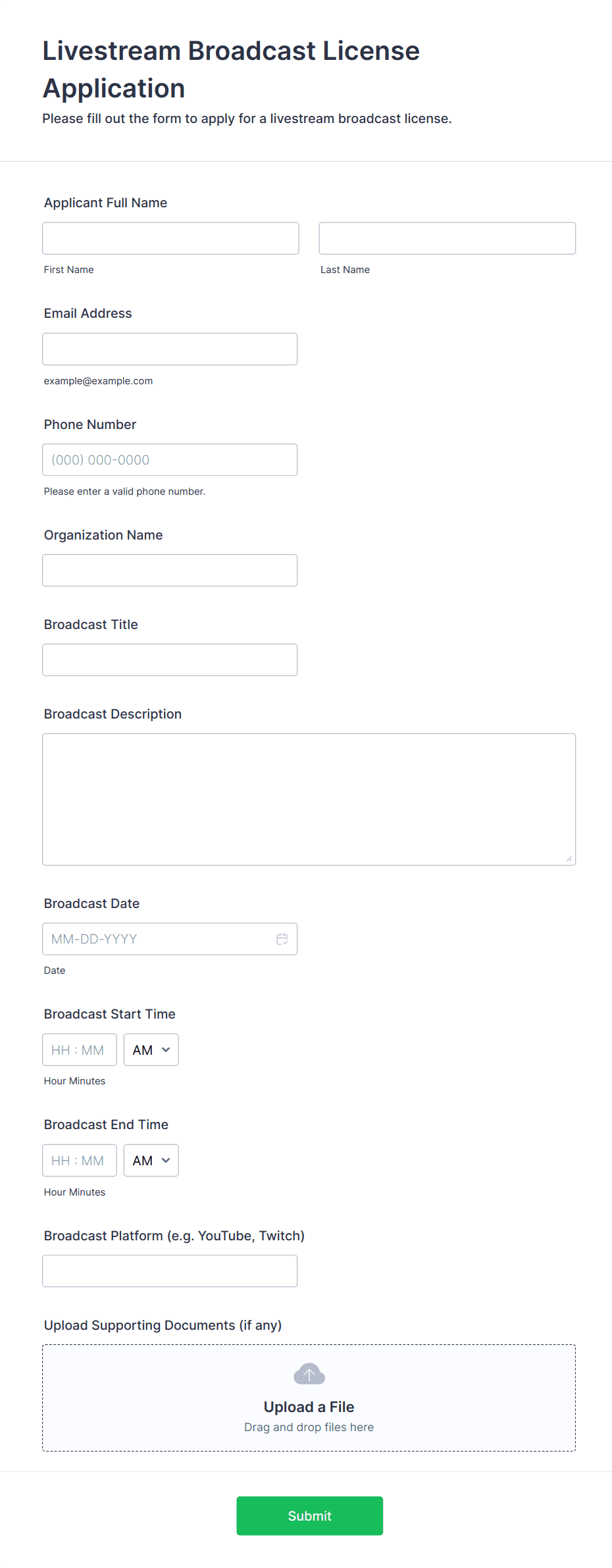 Livestream Broadcast License Application Form Template | Jotform