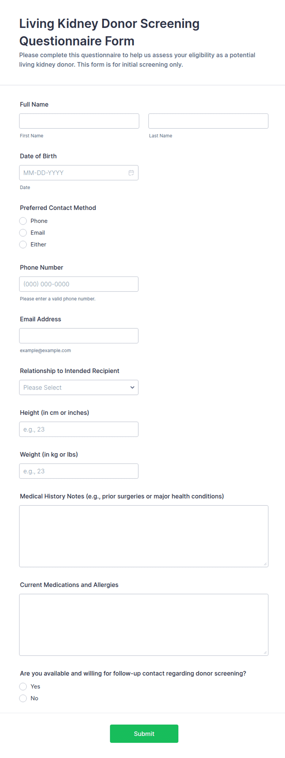 Living Kidney Donor Screening Questionnaire Form Template | Jotform