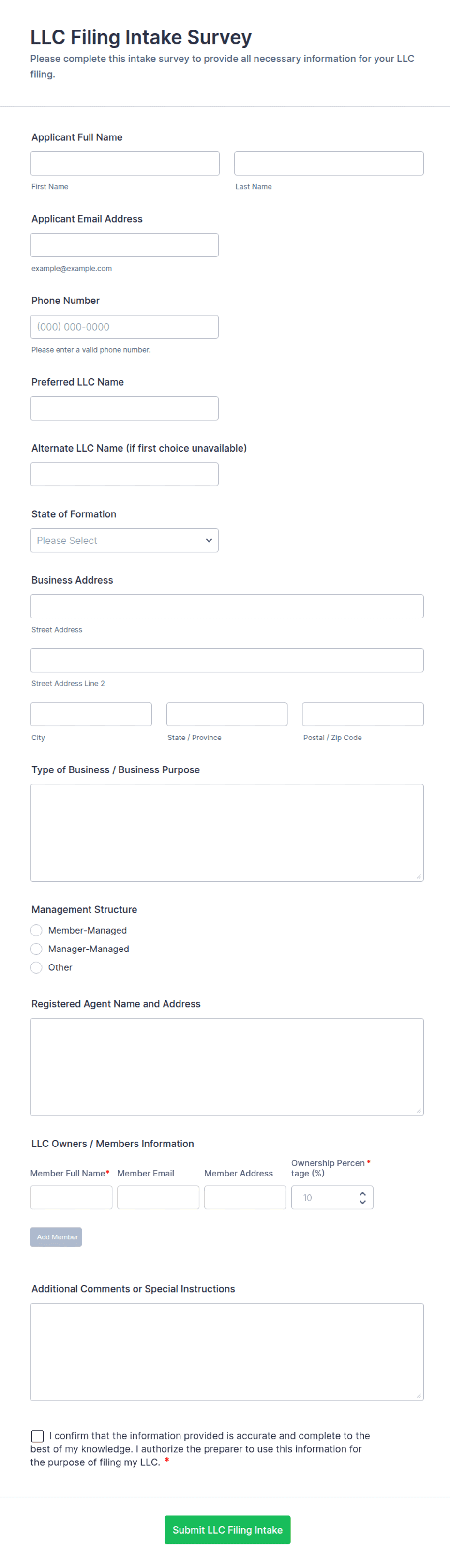 LLC Filing Intake Survey Form Template | Jotform