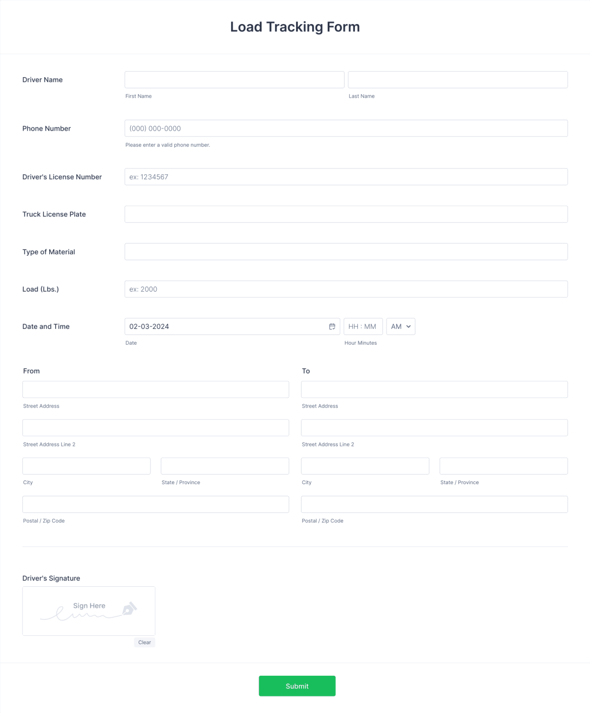 Load Tracking Form Template | Jotform